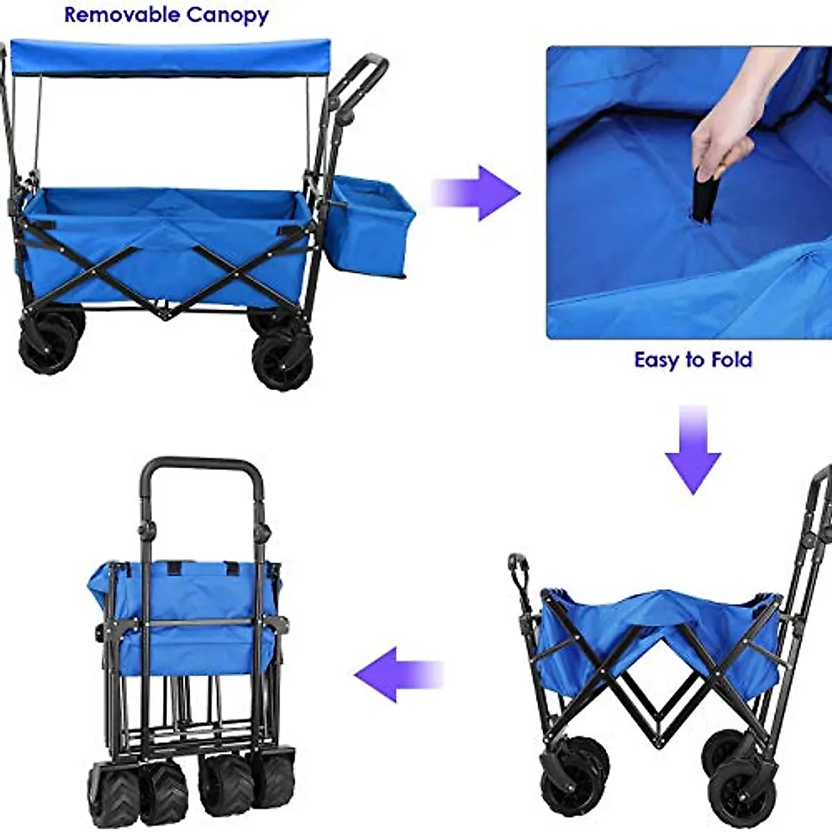Collapsible Utility Wagon, Heavy Duty Folding Portable Push and Pull Hand Cart with Removable Canopy, for Shopping, Picnic, Beach, Camping, Red (Blue
