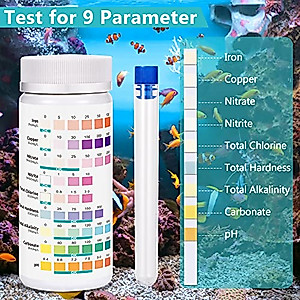 9 in 1 Aquarium Water Test Kit, 100 Strips Aquarium Test Strips Freshwater Saltwater Aquarium Test Kit Easy Accurate to Monitor Aquarium Fish Tank Water for Copper, pH, Nitrite,Nitrate and Mor