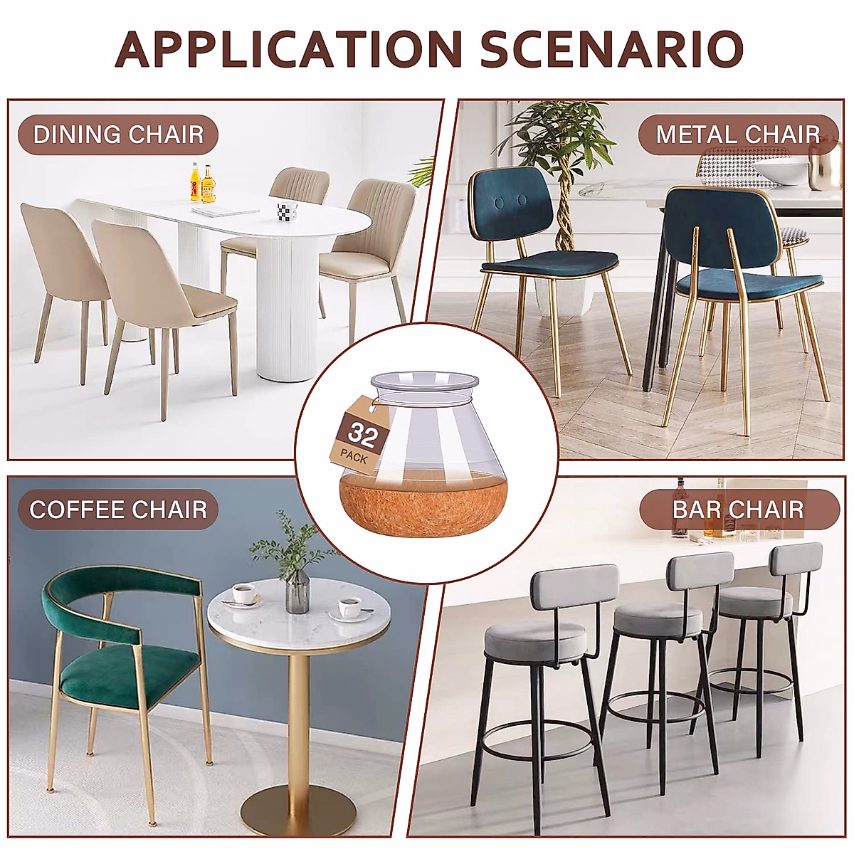 YOZON Chair Leg Floor Protectors for Hardwood Floors Felt Furniture Pads Silicone Caps 32 Pack Non Slip Reduce Noise Clear Round Medium Fit 3/4"~1-3/16" (19-30mm)