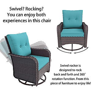 RTDTD 3 Piece Wicker Swivel Rocking Chair Set, Outdoor Patio Glider Chair with Glass Top Coffee Table, Conversation Furniture Sets Suitable for Patio, Lawn, Outdoor, Back Garden Blue