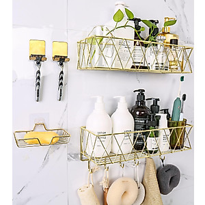 THCOFUUD Gold Shower Caddy, 5 Pack Rustproof Stainless Steel Organizer With Soap Holder & 2 Razor Hooks, Wall Mounted Shelves, Adhesive Rack, Large Capacity Basket for Storage, Gold Decor