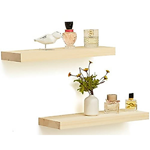 QsQueen Floating Shelves 15.75inch Set of 2, Solid Pine Wood, Wall Shelves with Invisible Bracket, Wall Mounted Wooden Display Shelf for Bathroom, Bedroom, Kitchen, Office, Living Room Decor.