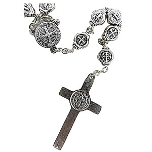 Oxidized Silver Saint Benedict Medal Exorcism Protect Beads Rosary, 22 Inch
