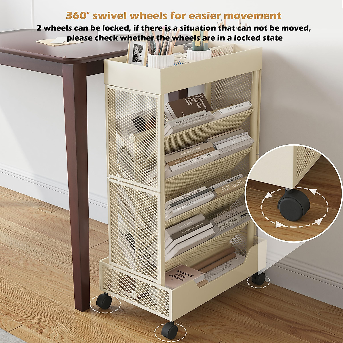 COVAODQ COAVODQ Book Cart with Wheels Mobile Bookshelf Rolling Bookshelf Organizer Bookcase Book Storage Rack, Book Movable Rolling Carts with Wheels for Home Sclool Office 5-Tier