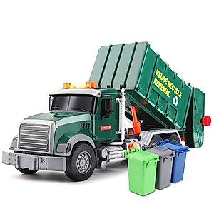Dwi Dowellin Toddler Toys for 3 + Years Old Boys, 15" Large Garbage Truck Toy,Friction Powered Waste Management Garbage Truck with Lights and Sounds,3 Rear Loader Trash Cans,Kids Gift