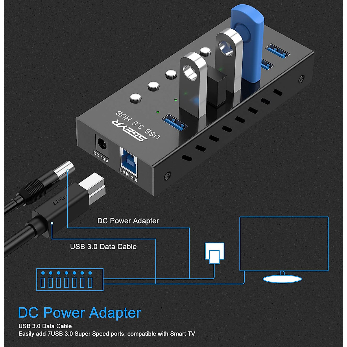 SGEYR Powered USB Hub, Aluminum USB 3.0 Data Hub Splitter 7 Ports with USB Charging Ports and Individual On/Off Switches with 12/2A(24W) Power Adapter for Laptop,HD Webcam,Printer (Light Black)