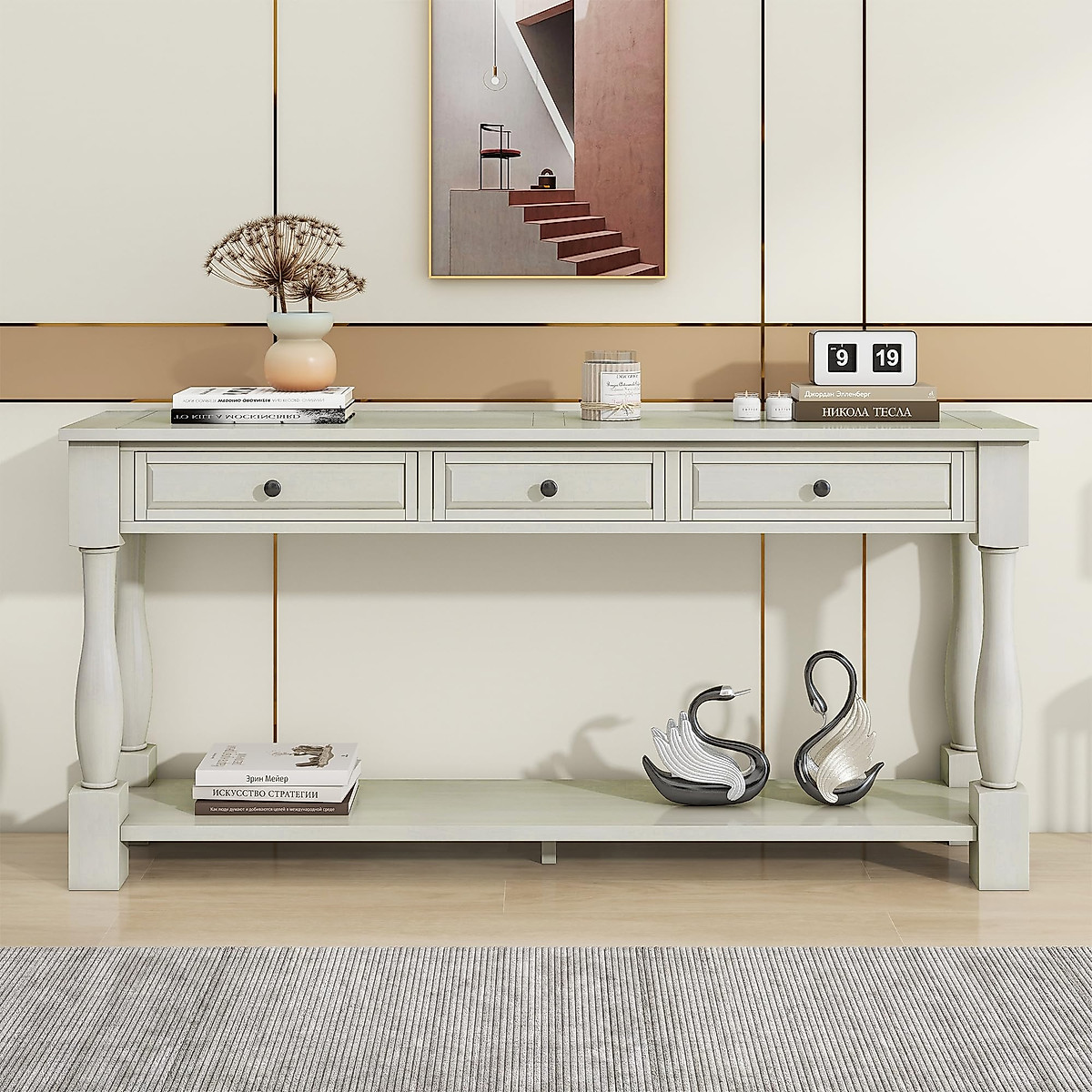 Merax LUMISOL 64 inch Long Console Sofa Table with 3 Drawers and Bottom Shelf, Hallway Table Entryway Table for Living Room, Easy Assembly (Antique White).