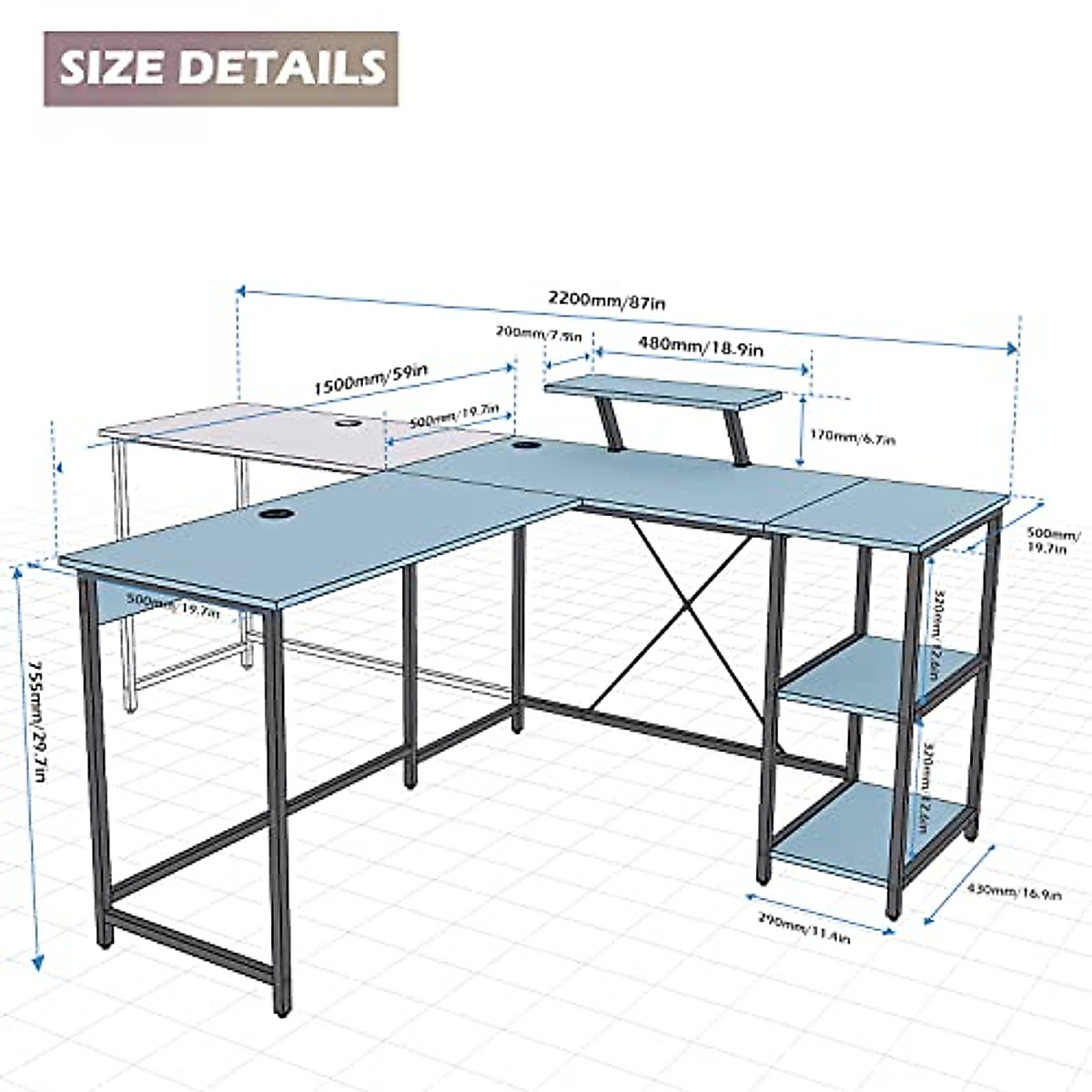 OUTFINE L Shaped Desk Corner Desk Double Computer Desk Home Office Gaming Workstation with Storage Shelves and Monitor Stand