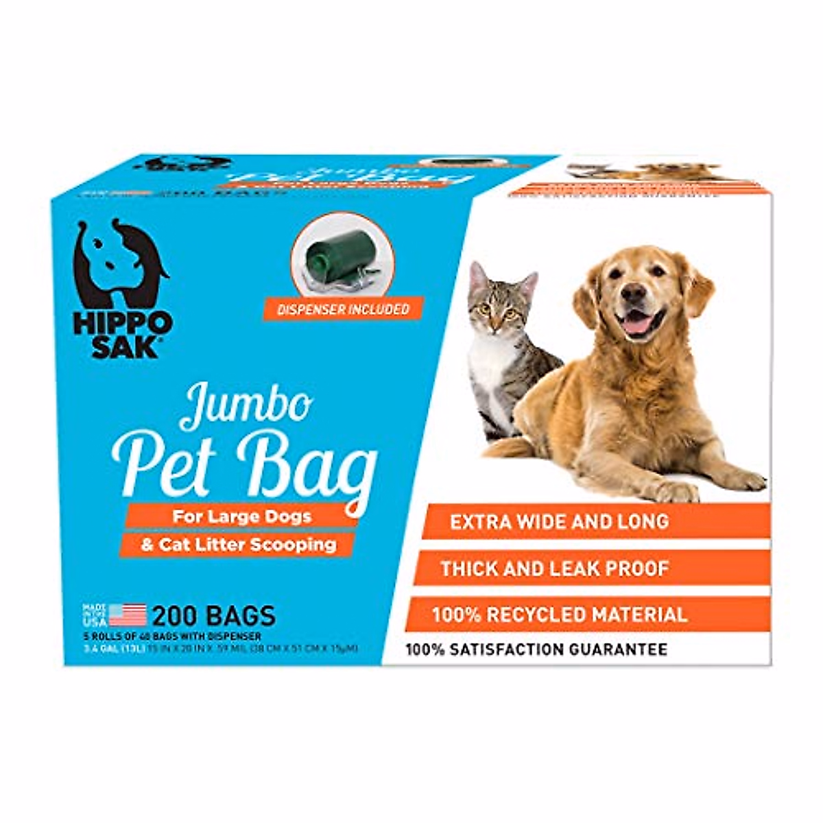 Hippo Sak® Extra Large Pet Poop Bags with Dispenser, 200 Count, for Large Dogs and Cat Litter Scooping (200)