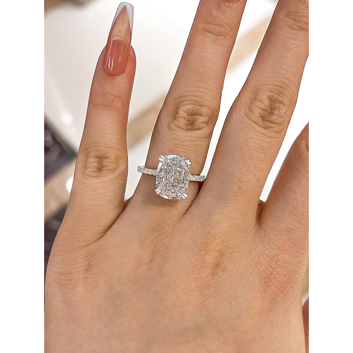 Effinny 4.0ct Elongated Cushion Cut Engagement Ring for Women,White Gold Plated Sterling Silver Simulated Diamond Promise Ring(Size:7)