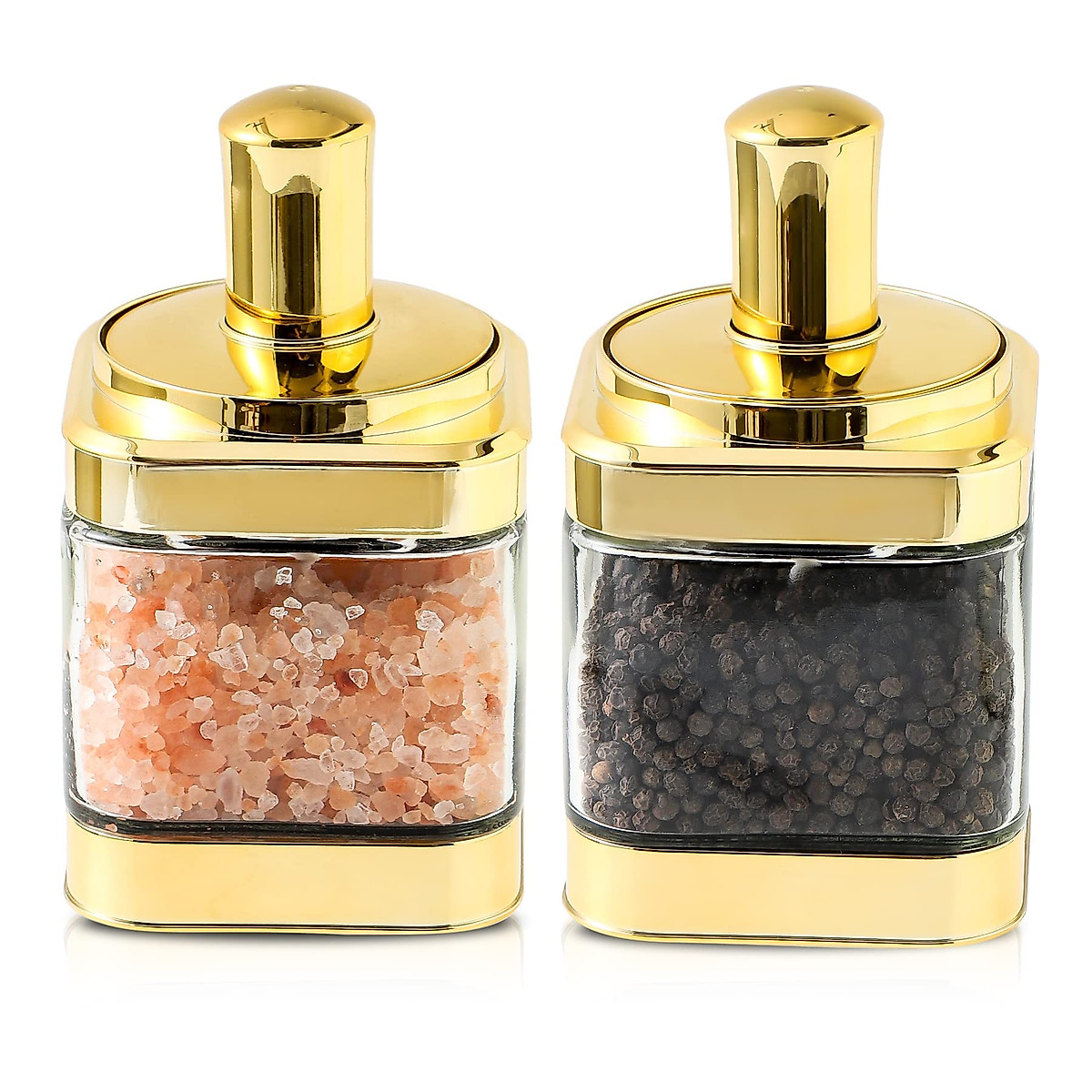 BETTWILL Glass Condiment Spice Jars, Container with Lids and Spoons(11oz/320 ml), Gold Salt Jar, 2Pack Seasoning Box Set for Sugar, Pepper, for Kitchen Counter，Brown Sugar Container.