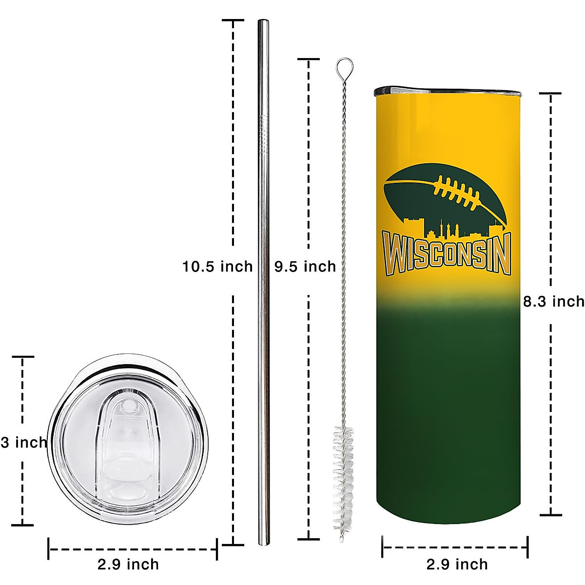 wisconsin Classic Stainless Steel Tumbler with Lid and Straw, City Football Fans Gifts,20oz Football Team Skinny Travel Mug Tumbler Cup Water Botter