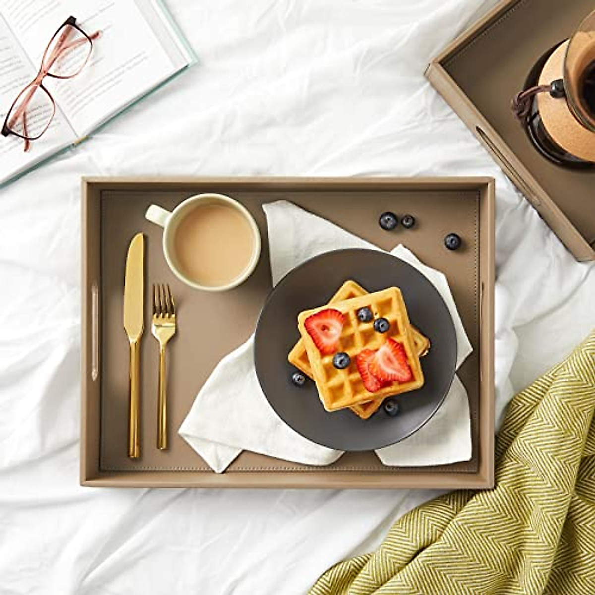 2-Pack Wooden Nesting Serving Tray Set with Stitched Faux Leather Skin and 2 Handles, Slip-Resistant Breakfast Service Tray in 2 Sizes (13.8x9.9x2.3 and 15.8x12x2.5 in, Taupe)