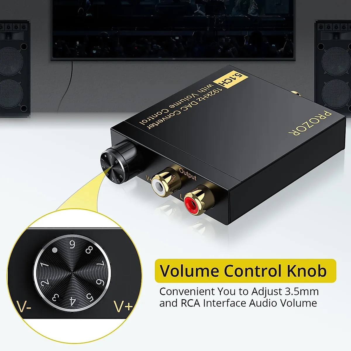 PROZOR DAC Converter 192Khz Digital to Analog Audio Decoder with Volume Control Support 5.1CH DTS Dolly-AC3 Coaxial SPDIF Toslink Optical to RCA Adapter for HDTV Blu-ray DVD PS3 Home Cinema System