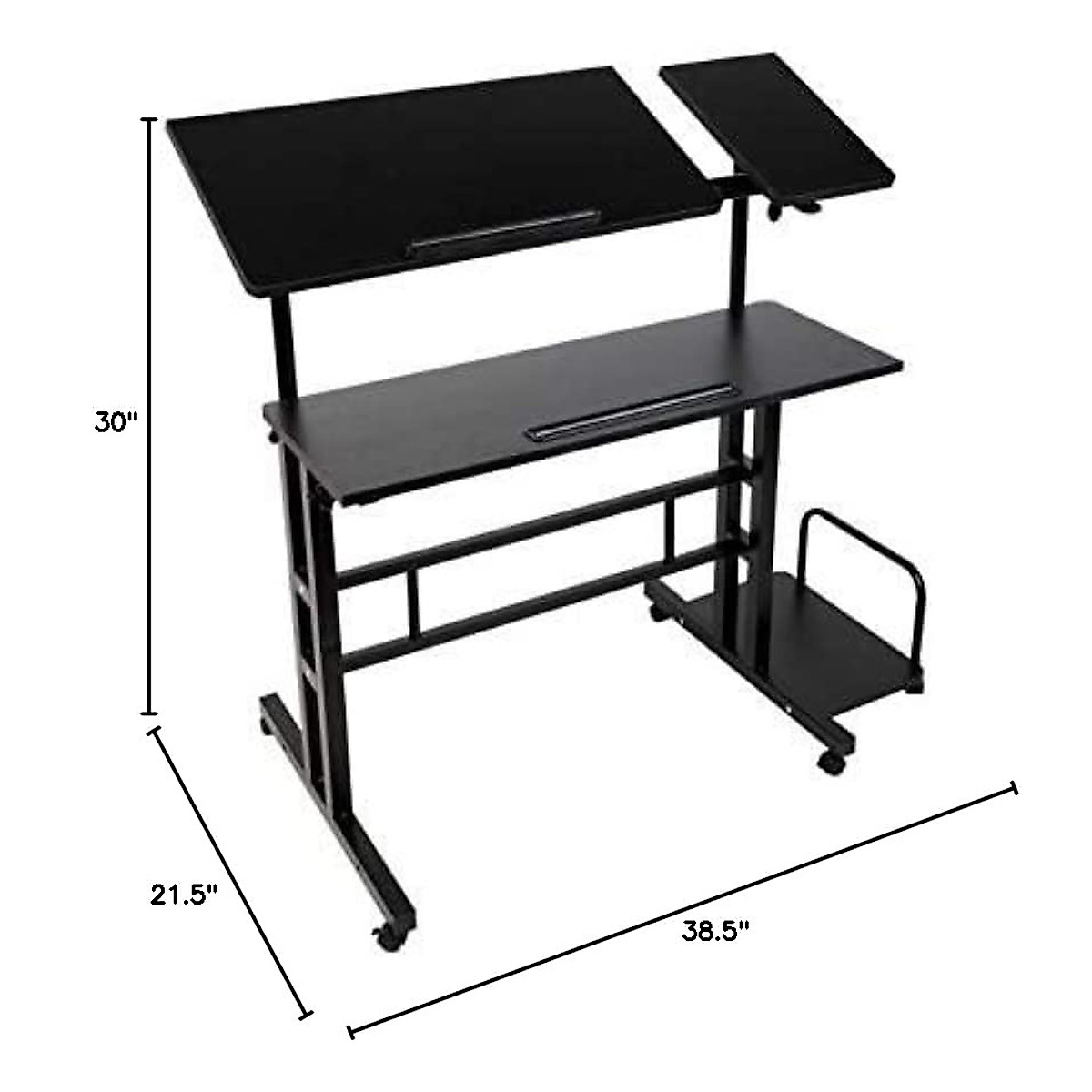 Mind Reader Woodland Collection, Mobile Sit/Stand Laptop Desk with Side Storag Adjustable, Tiltable, Lockable Casters, Portable, X-Large, Black