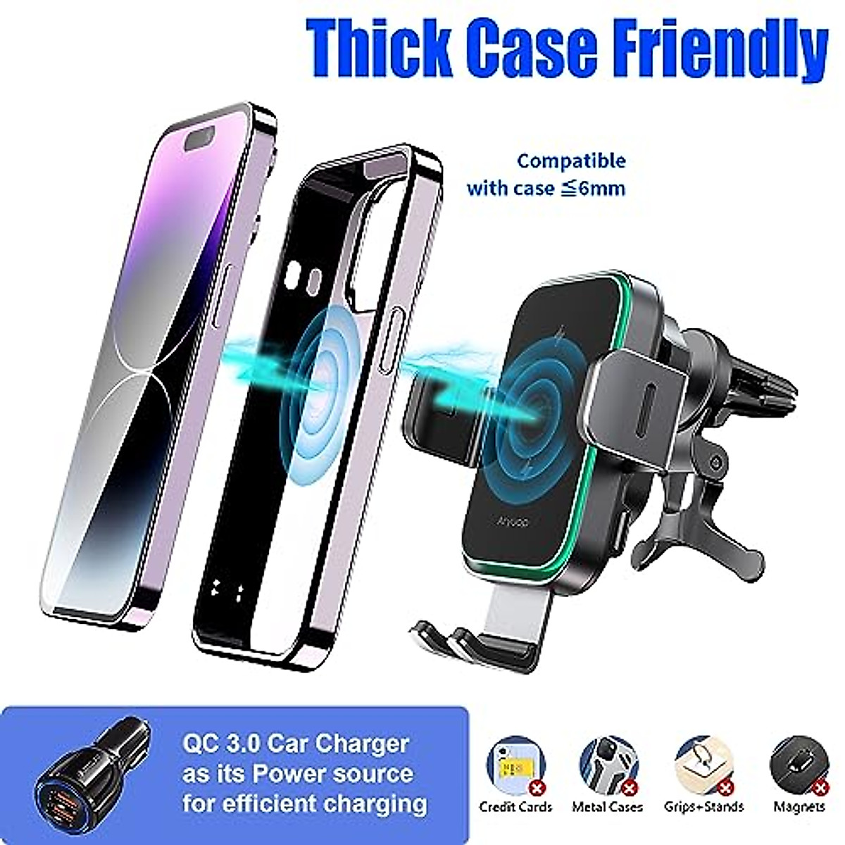 15W Fast Wireless Car Charger Mount Dual Coil - Auto Alignment Clamping Wireless Car Phone Charger, Dashboard Windshield Wireless Charging Car Holder for iPhone15/14/13/12/Pro Max/Samsung Galaxy