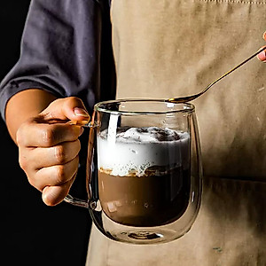 Mugs 12 oz Glass Espresso Cup with Lids Spoon - Double Wall Insulated Clear Coffee Mugs With Handle & Suspended Base Design - Thick Expresso Coffee Cups For Americano, Lattes, Tea (Set of 2,Gift Box)