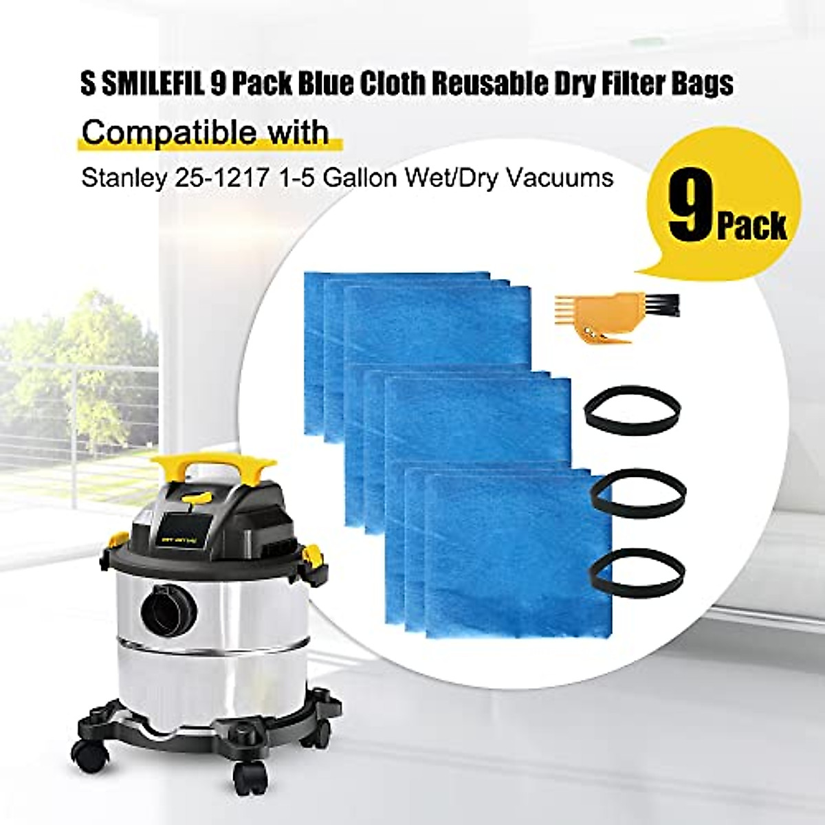 S SMILEFIL 9 Pack Blue Cloth Reusable Dry Filter Bags Compatible with Stanley 25-1217 1-5 Gallon Wet/Dry Vacuums