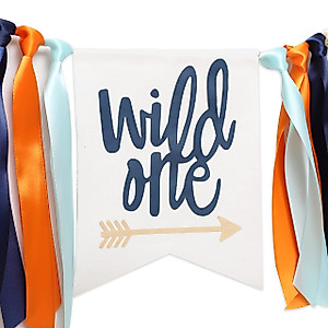 Wild One Banner for 1st Birthday - Highchair Banner for First Birthday Theme Decoration,Highchair Banner for Boy or Girl, Photo Booth Props (Wild One Blue High Chair Banner)