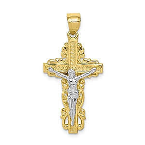 Solid 10k Yellow Gold Two Toned Cross Pendant Crucifix Charm - 35mm x 16mm