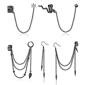 Drperfect 5Pcs Cuff Chain Earring for Men Women 316L Stainless Steel Feather Leaf Snake CZ Tassel Ear Cuff Crawler Climber Cartilage Long Drop Chain Dangle Earrings