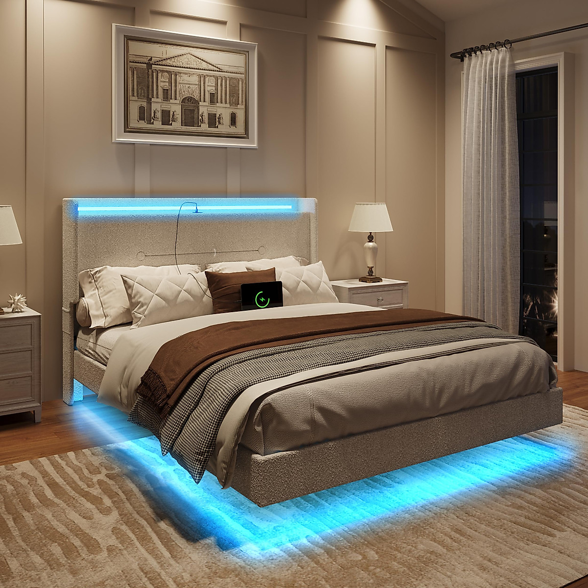 Fameill Full Size Floating Bed Frame: LED & USB Ports