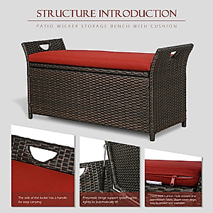 PATIO TREE 40 Gallon Outdoor Storage Bench Rattan Deck Box Patio Steel Frame Wicker Storage Container with Cushion, Red NPT-900004