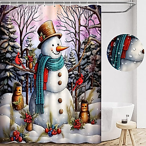 Merry Christmas Snowman Shower Curtain Winter Rustic Farmhouse Forest Xmas Snowflake Snow Country Pinecone Cute Red Bird New Year Holiday Fabric Polyester Curtains Bathroom Set Hooks 70x70 Inch