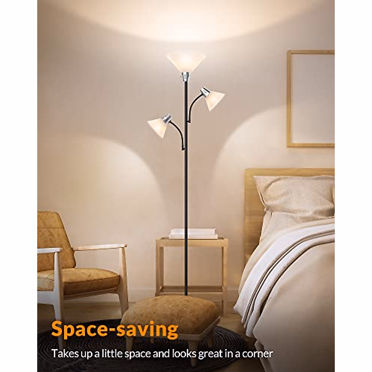 LEPOWER Floor Lamp with Replaceable 3000K Energy-Saving LED Bulbs , 9W LED Standing Lamp with 5W Adjustable Reading Lights, Modern Bright Black Floor Lamp for Living Room, Bedroom, Office