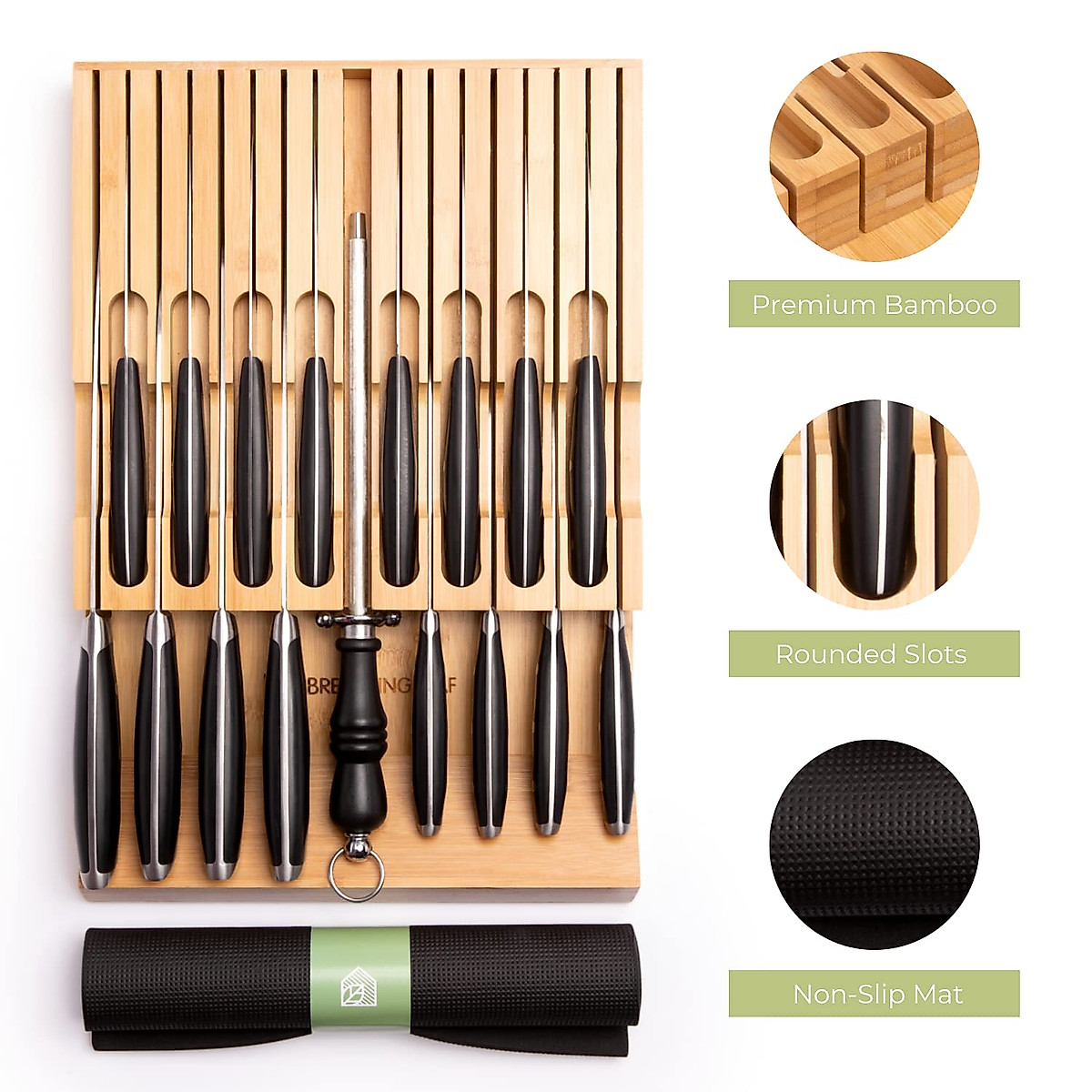 Drawer Knife Organizer - Bamboo Knife Block Insert - Holds 16 Knives + 1 Knife Sharpener (Knives Not Included) - Reliably Store, Secure & Organize Your Kitchen Knives In Cabinet - Free Up Counterspace