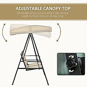 Outsunny 2-Person Patio Swings with Canopy, Outdoor Canopy Swing with Adjustable Shade, Breathable Mesh Seats and Steel Frame for Garden, Poolside, Backyard, Beige