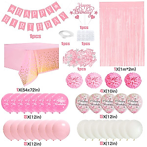 Pink Birthday Decorations, Birthday Decorations for Girls, Pink and White Balloons Happy Birthday Banner Tablecloth Paper Pom Poms Foil Fringe Curtain for Kids Women Birthday Pink Party Supplies