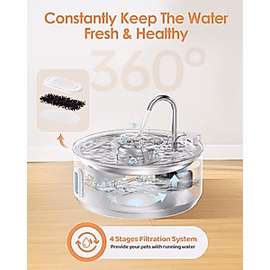 Cat Water Fountain, 3.2L/108oz Upgraded Stainless Steel Pet Water Fountain for Cats Inside Drinking, Automatic Dog Cat Water Bowl Dispenser with Water Level Window