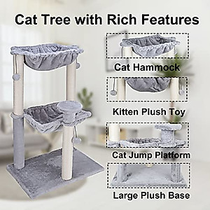 Dimaka Cat Tree Tower with 2 Big Soft Spacious Top Hammocks for Indoor Cats,Multi-Level Cat Furniture with 3 Dangling Balls for Adult Cats,Gray(33.5" Tall)