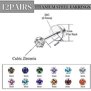 ORAZIO CZ Stud Earrings for Women Men Stainless Steel Cubic Zirconia Screwback Earrings Set 3MM