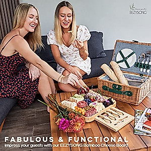 Bamboo Cheese Board and Knife Set - Includes a Secret Drawer with Stainless Steel Fork and Cheese Knife Set for Charcuterie Board Party Serving Tray - Thoughtful Wedding Anniversary Housewarming Gifts