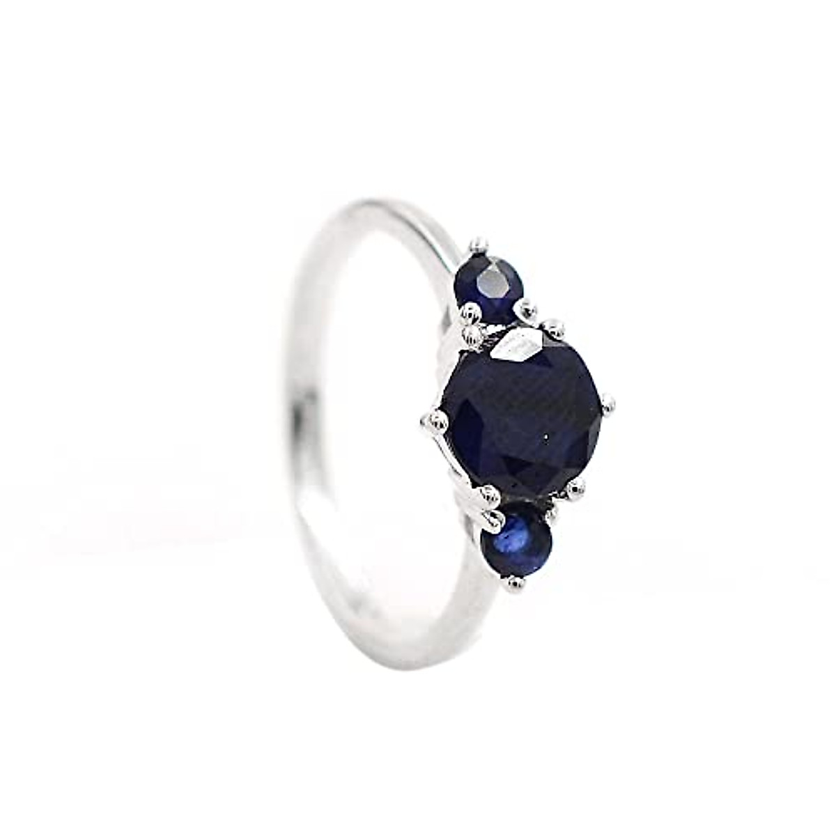 Three Stone Natural Blue Sapphire 7 MM Round Cut 925 Sterling Silver September Birthstone Cluster Unisex Proposal Ring Girlfriend Gift For Valentine Day (Rhodium Plated Silver, 6)