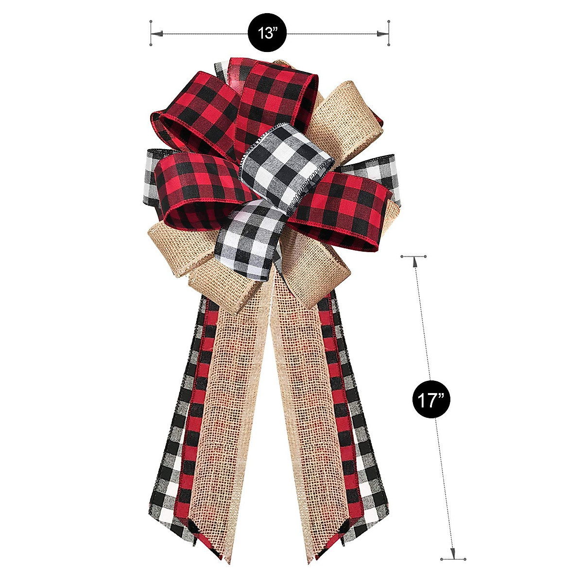 Christmas Tree Topper - Buffalo Plaid Red Black Burlap Decorative Bow - Rustic Farmhouse Xmas Decorations Home Decor - Handmade