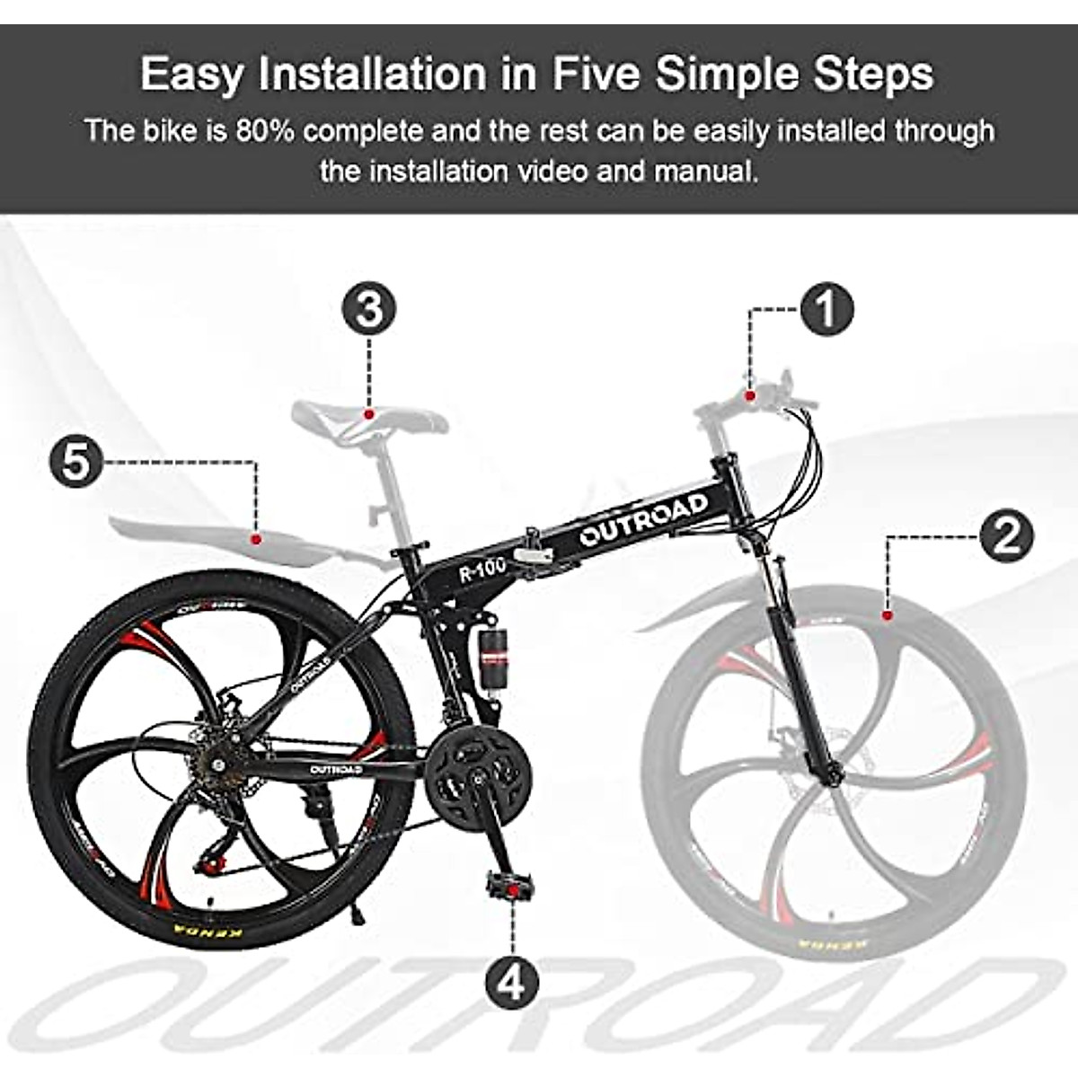 Outroad 26 Inch Folding Mountain Bike, 21 Speed Full Suspension High-Carbon Steel MTB Foldable Bicycle, Dual Disc Brake Non-Slip Folding Bikes for Adults/Men/Women, Black