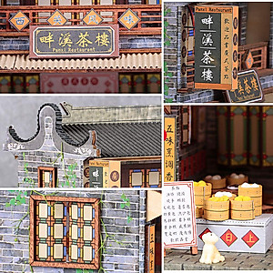 WYD DIY Chinese DIY Doll House Ancient Architecture Handmade Mini Wooden House Miniature Dollhouse Furniture Set Children Toys New Year Birthday Wedding Gift (Panxi Tea House)