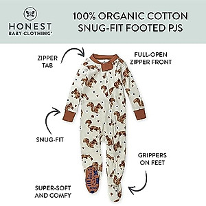 HonestBaby Non-Slip Footed Pajamas One-Piece Sleeper Jumpsuit Zip-Front PJs 100% Organic Cotton for Baby Boys, Nuts, 18 Months