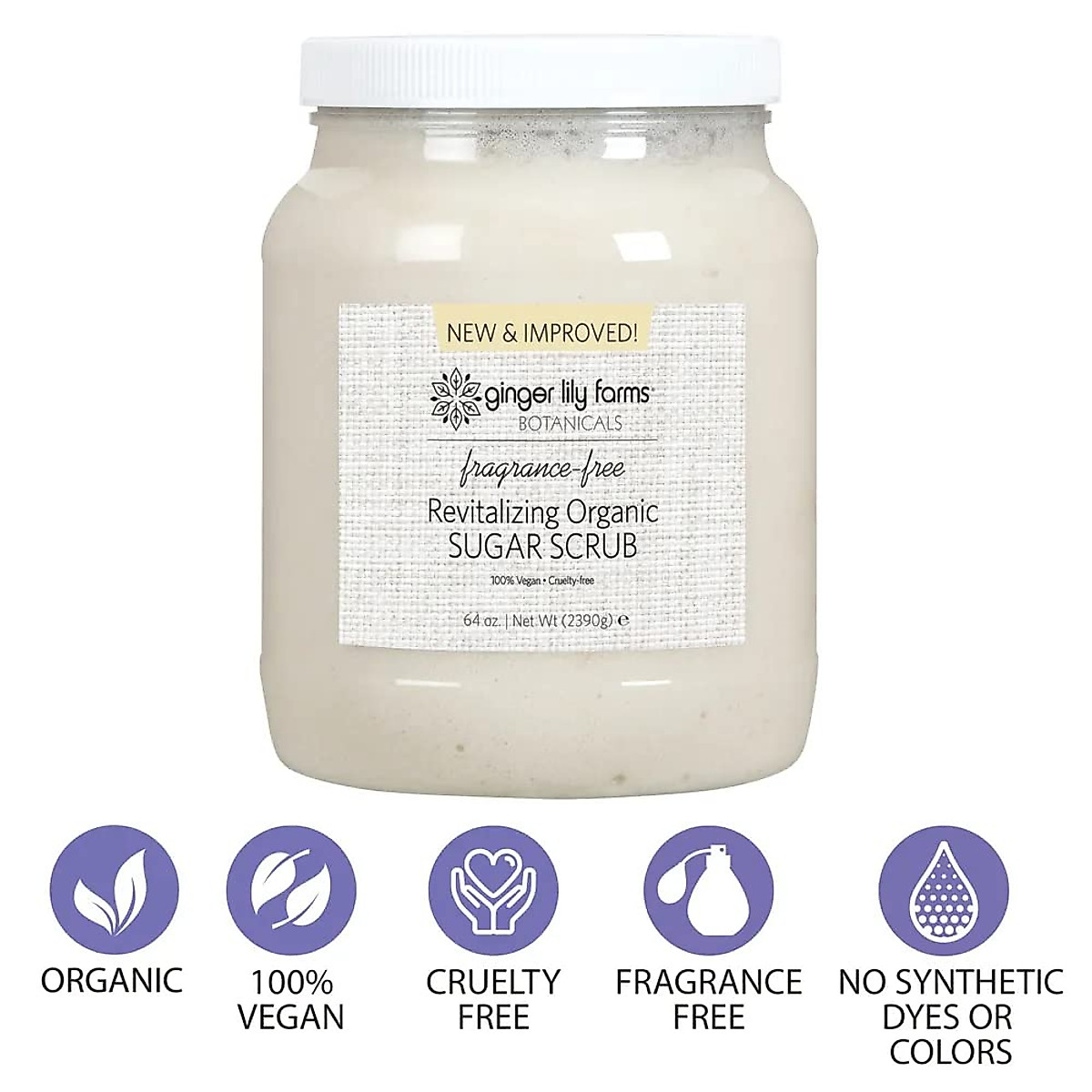 Ginger Lily Farms Botanicals Revitalizing Organic Sugar Scrub, All-Natural Skin Exfoliating Sugar Crystals, 100% Vegan & Cruelty-Free, Fragrance-Free, 64 oz.