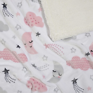 Life Comfort Ultimate Sherpa Baby Blanket, Fluffy Pink and Grey Cloud and Moon Premium Blanket for Baby Girl, Soft Warm Cozy Toddler, Infant or Newborn Blanket for Crib, Stroller, Travel, Nursery