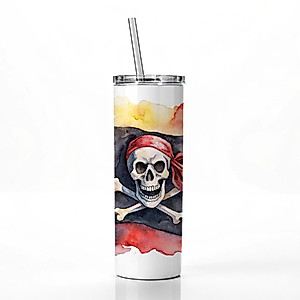 Pirate Jolly Roger Skull Crossbones Flag Watercolor Skinny Tumbler 20oz with Straw Insulated Water Bottle Gift