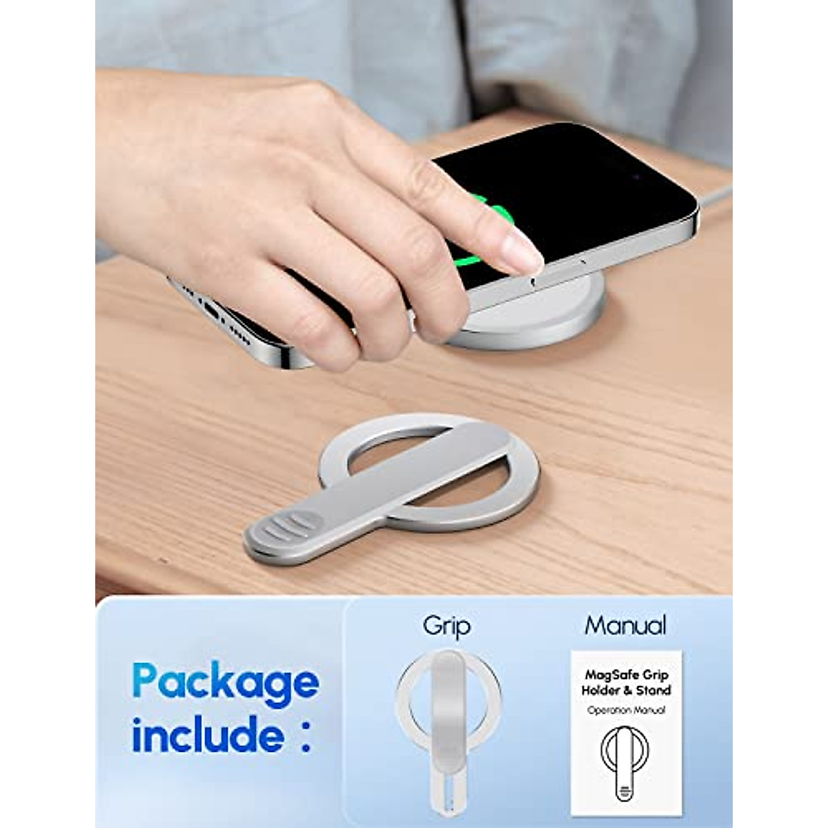 Miss Arts Magnetic Phone Grip for MagSafe, Phone Ring Holder Kickstand, Phone Loop Finger Holder for iPhone 14/14 Pro/14 Pro Max/14 Plus & iPhone 13/12 Series, Silver