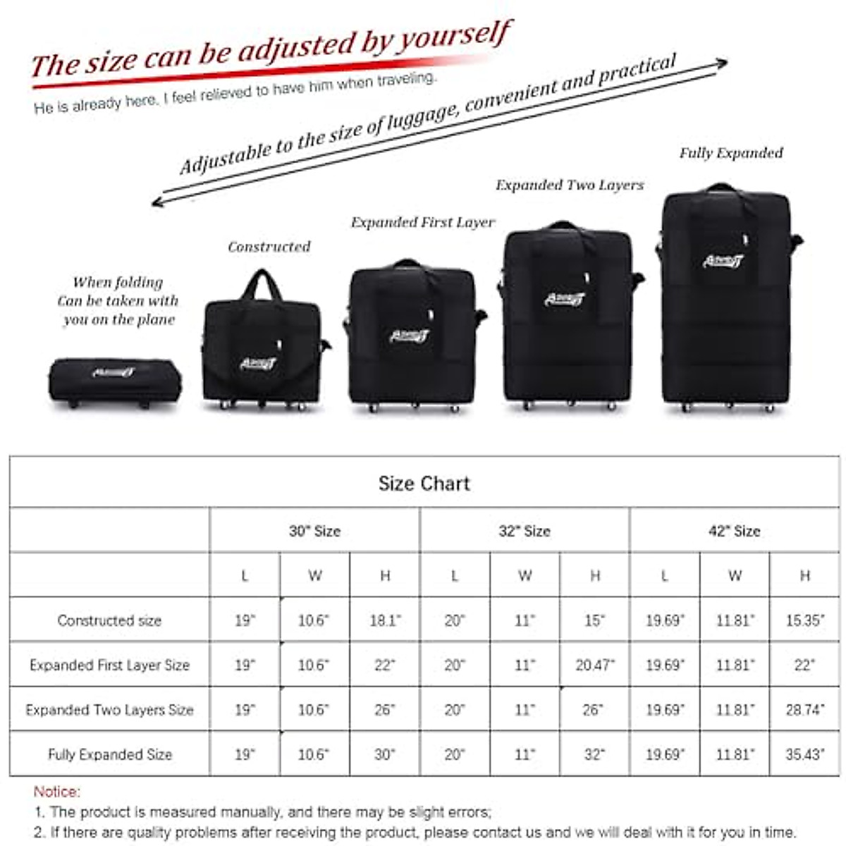 Expandable Rolling Wheeled Duffle Bag Spinner Suitcase Foldable Luggage Expandable (32''), Black