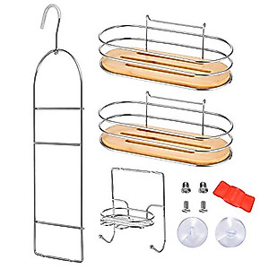 ToiletTree Products Stainless Steel & Bamboo Hanging Caddy - Over-The-Head Shower Organizer with Hooks & Suction Cups - Rustproof Heavy-Duty Metal & Wooden Caddy for Bathrooms