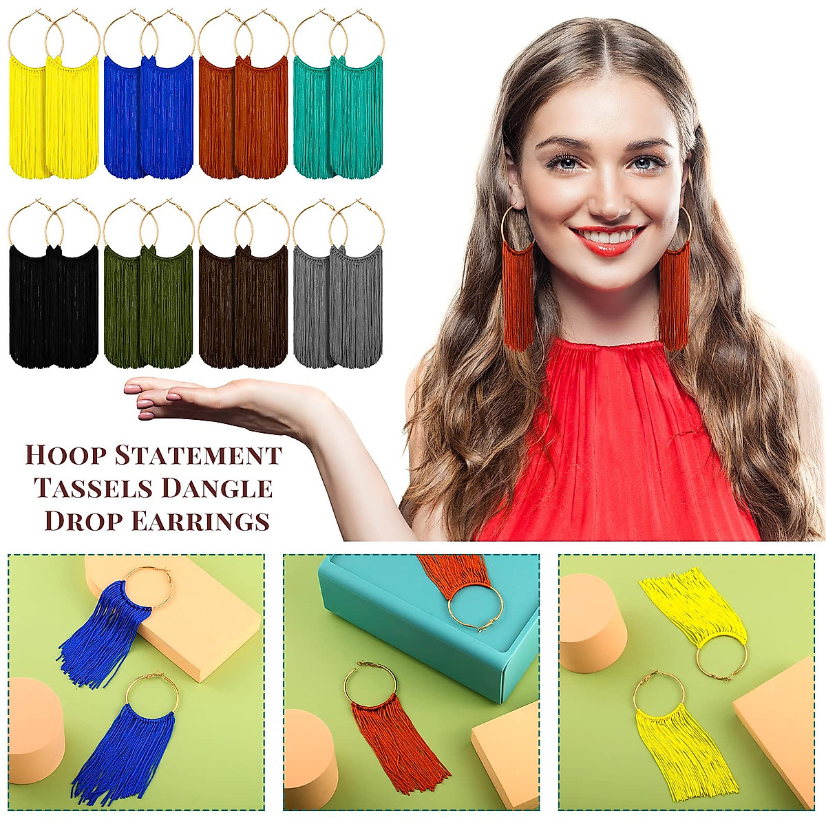 Bonuci 8 Pairs Tassels Earrings for Women, African Fabric Tassel Earrings, Fringe Earrings Dangle Drop Earrings Bohemian Tassel Earrings Set Colorful Fringe Statement Earrings(Bright Style)