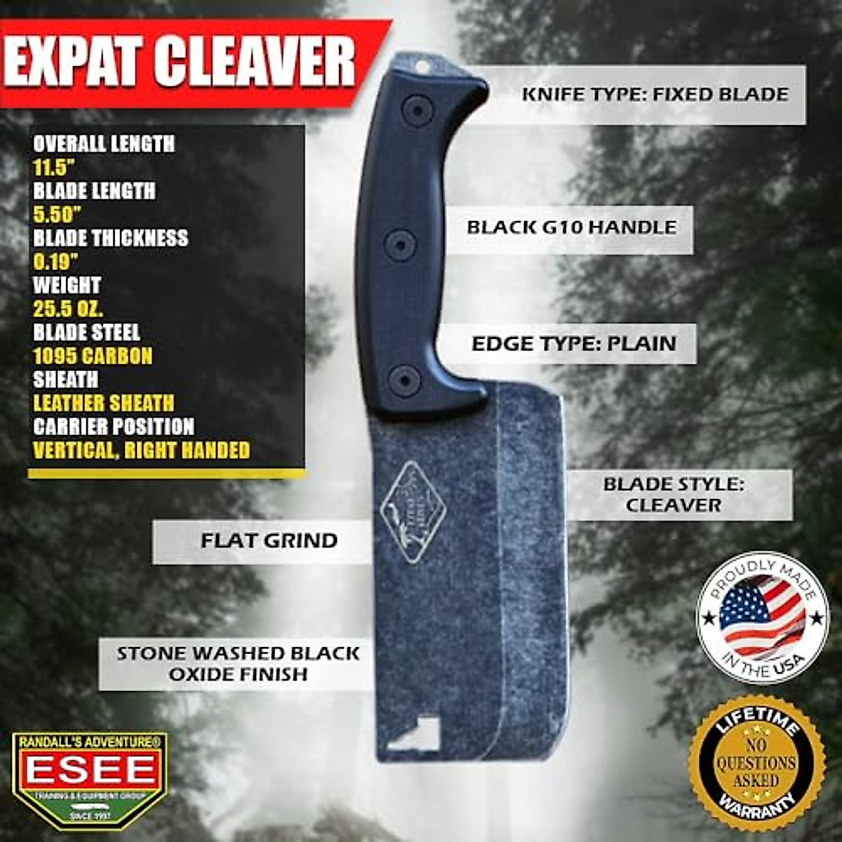 ESEE Knives Expat Knives Black G10 Handle Cleaver CL1