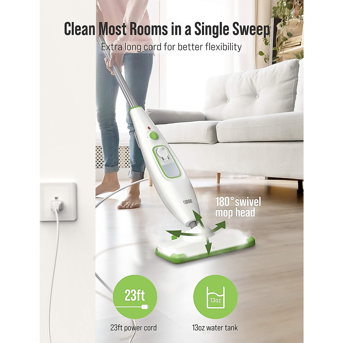 TOPPIN Steam Mop - 23ft Power Cord and 380ml Water Tank, 3 Steam Levels, Steam Mop with 2 Steam Mop Pads, Lightweight Steam Cleaner for Hardwood Floor, Marble, Laminate, Tile